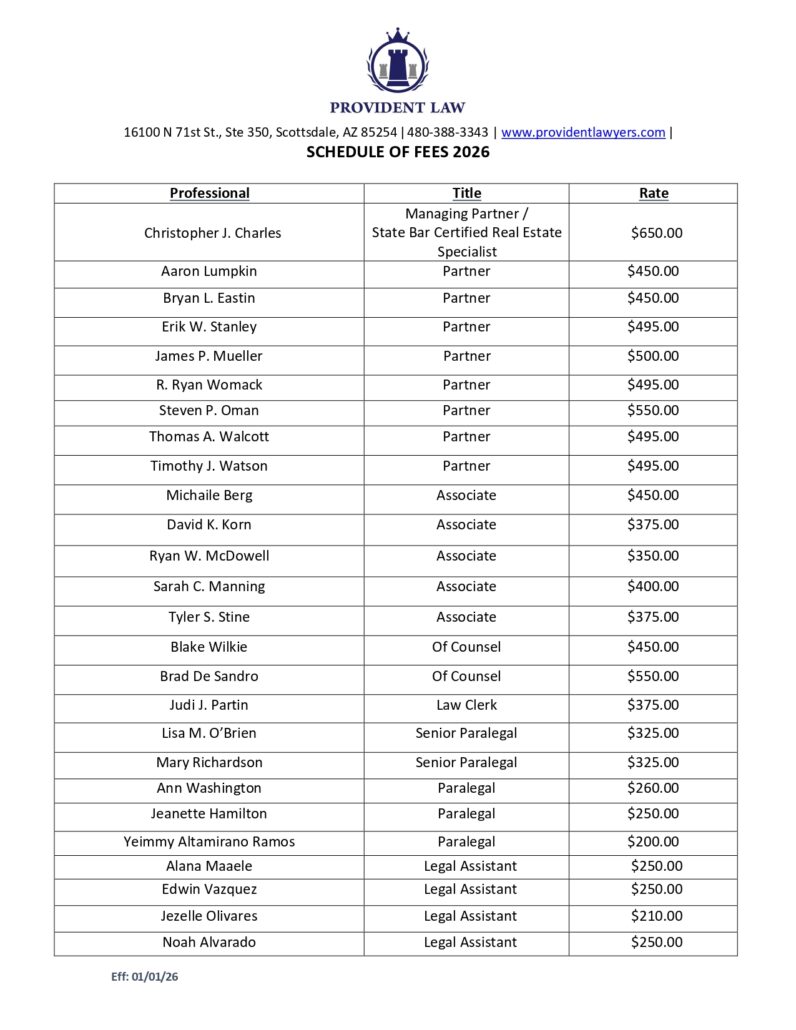 Schedule of Fees for 2026 - Provident Lawyers